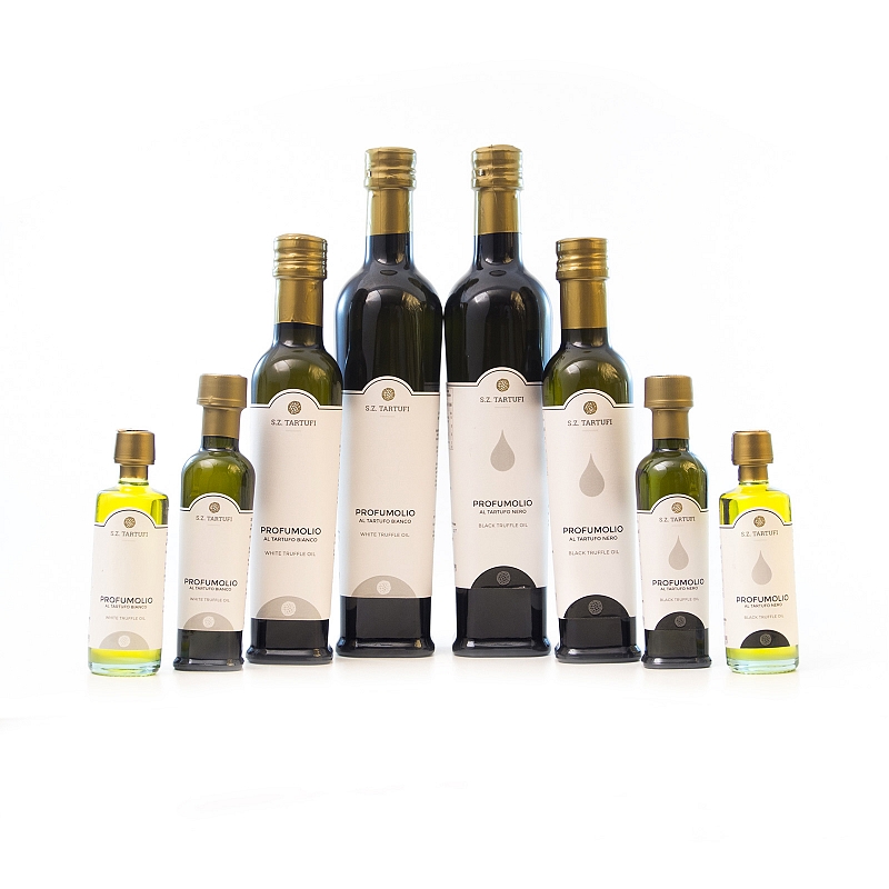 Condiments made with extra virgin olive oil and black and white truffle ...